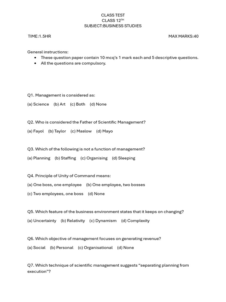 Class 12th Bst Test | PDF