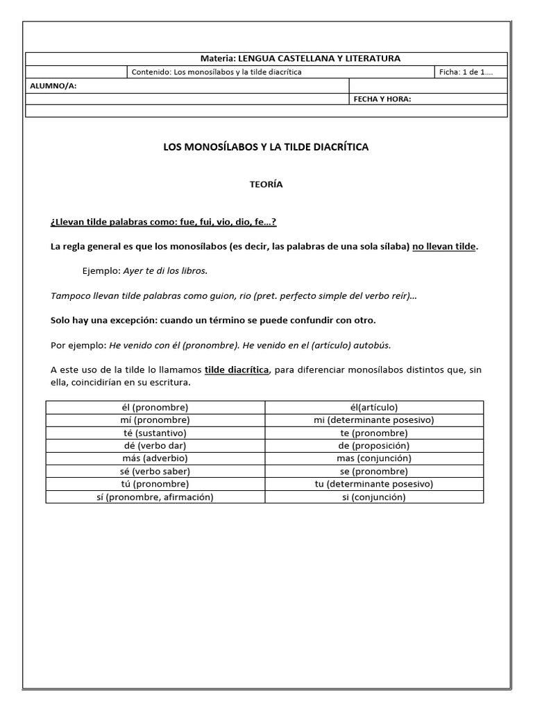 Monosilabos y Tilde Diacritica | PDF | Pronombre | Verbo