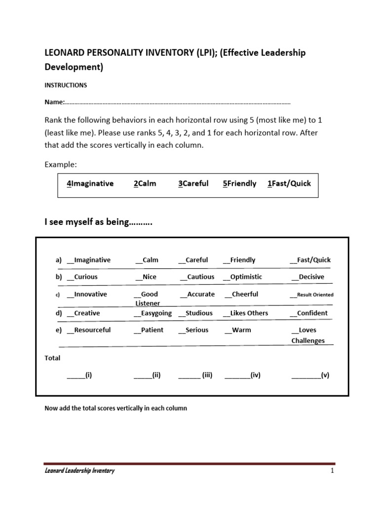Leonard Personality Inventory Overview | PDF | Extraversion And ...