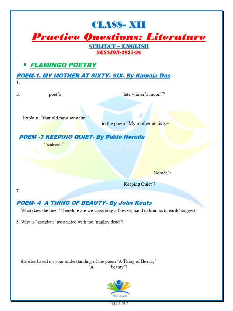 Class 12 English Literature Practice Questions | PDF | Antarctica