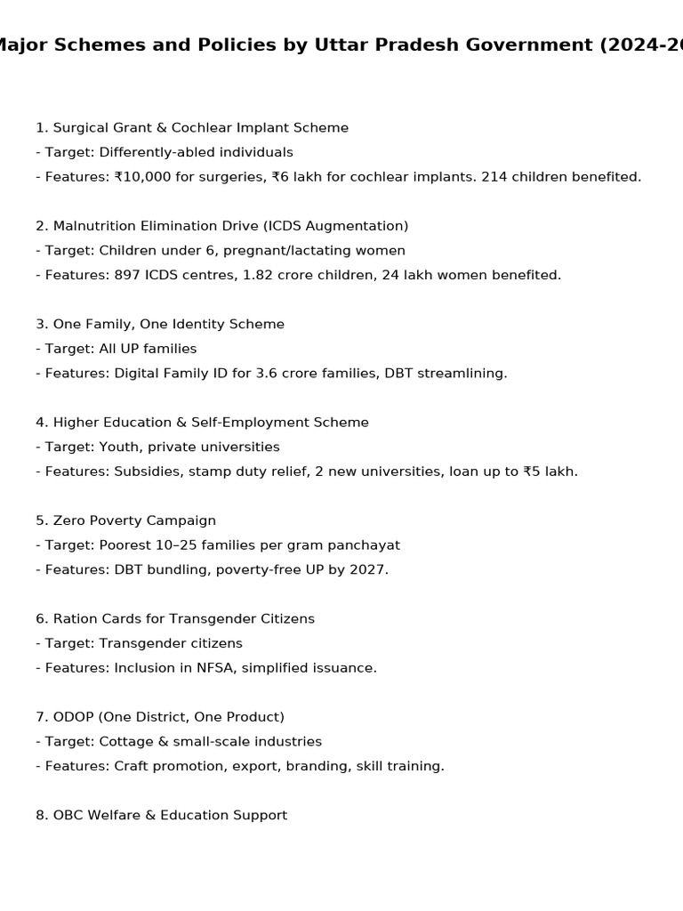 UP Government Schemes 2024-2025 Overview | PDF