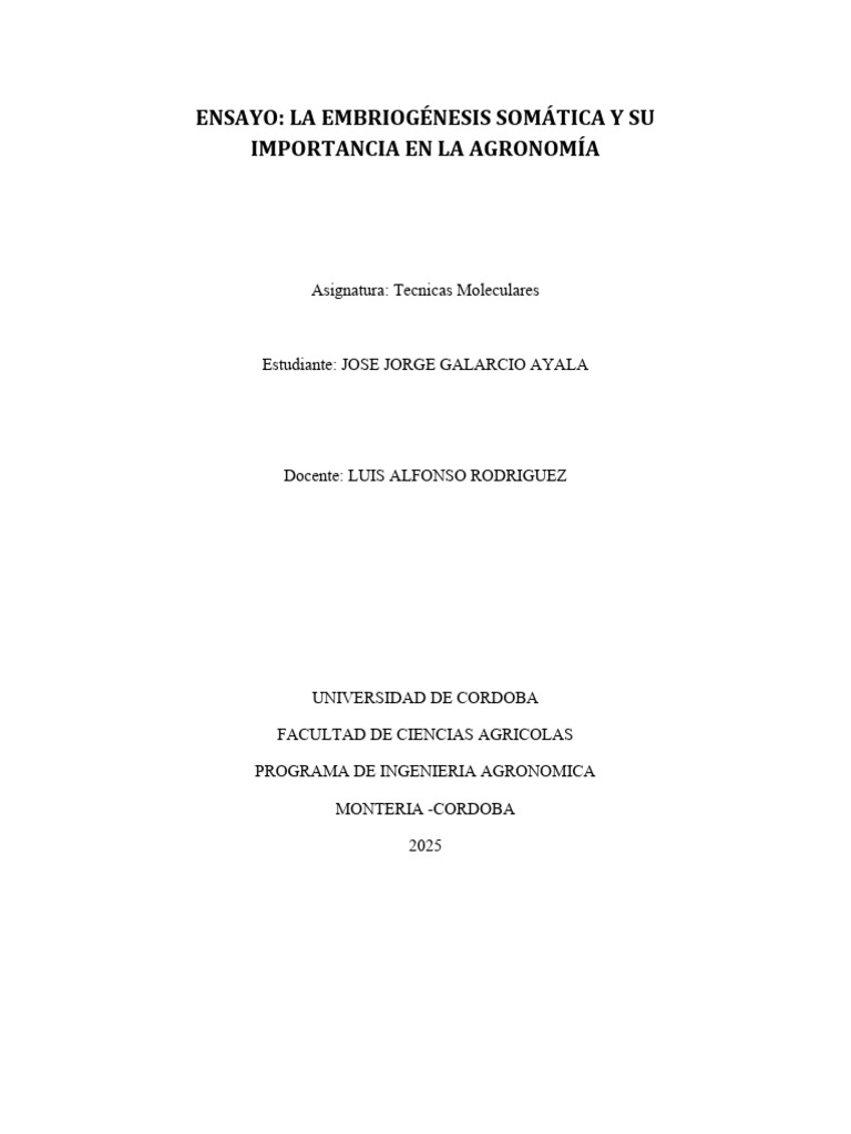 Ensayo Embriogenesis Somatica | PDF | Agronomía | Biotecnología