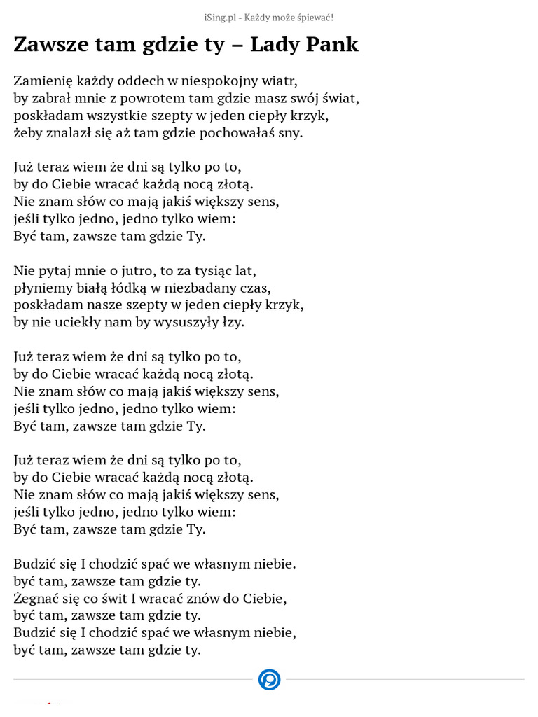 Tekst Lady Pank Zawsze Tam Gdzie Ty | PDF