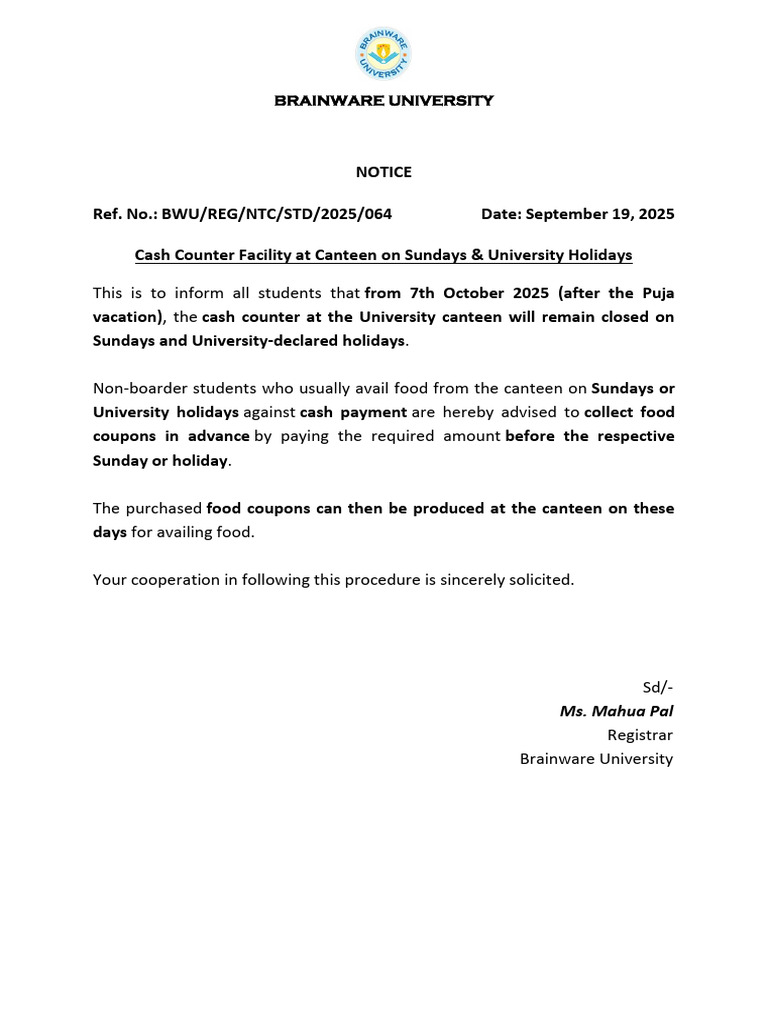 Student Notice 2025 - 09!19!064 Cash Counter Facility at Canteen On ...