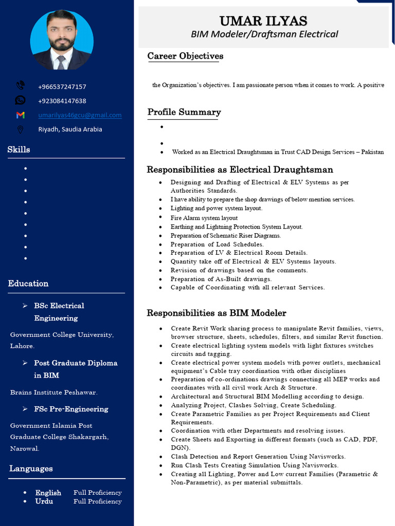 CV-Umar Ilyas BIM Modeler | PDF | Technical Drawing | Autodesk Revit