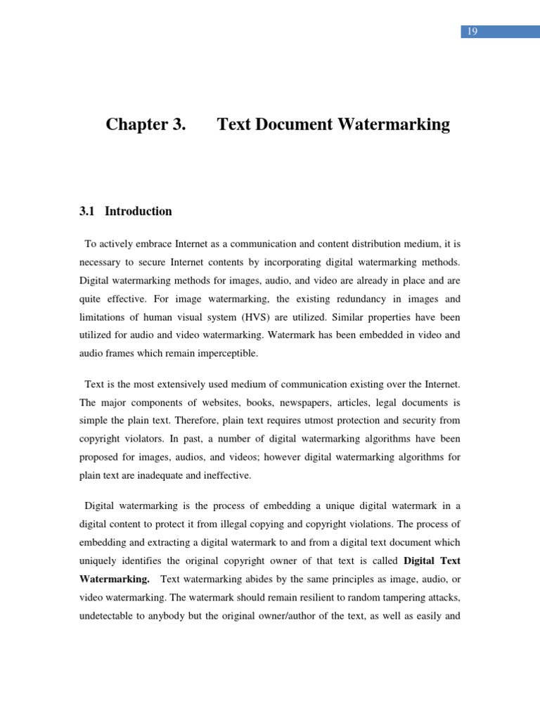 Text Document Watermarking: Watermarking. Text watermarking abides by ...
