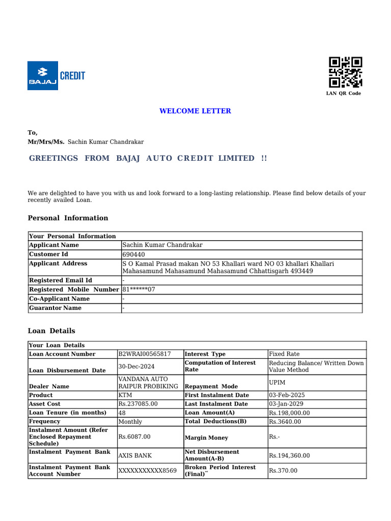 Bajaj Finserv Loan Welcome Letter | PDF | Interest | Loans