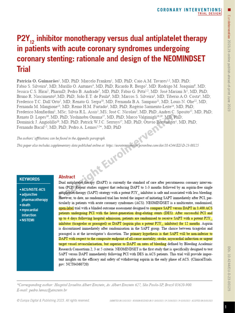 P2y12 Inhibitor Monotherapy Versus Dual Antiplatelet Therapy in ...
