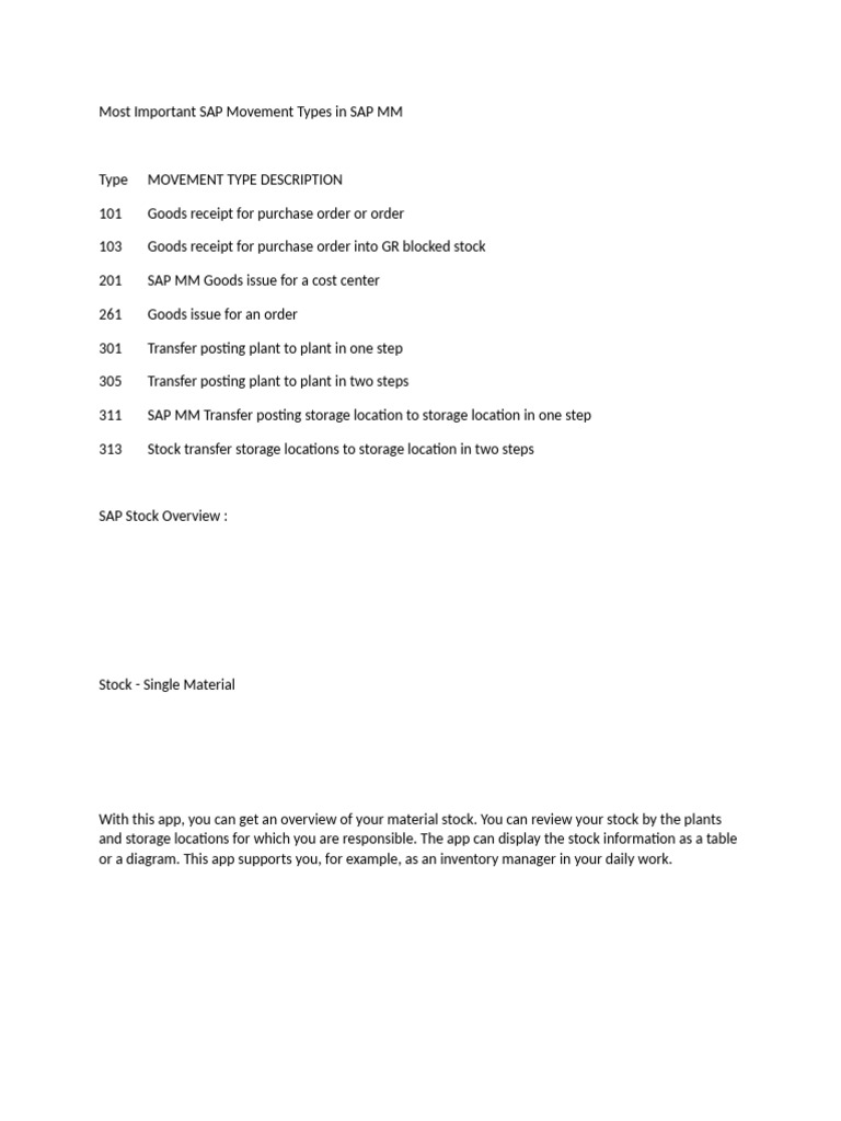 Key SAP Movement Types Overview | PDF | Debits And Credits | Inventory
