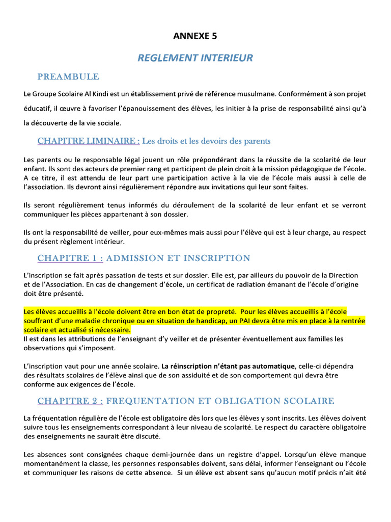 Reglement Interieur Primaire | PDF