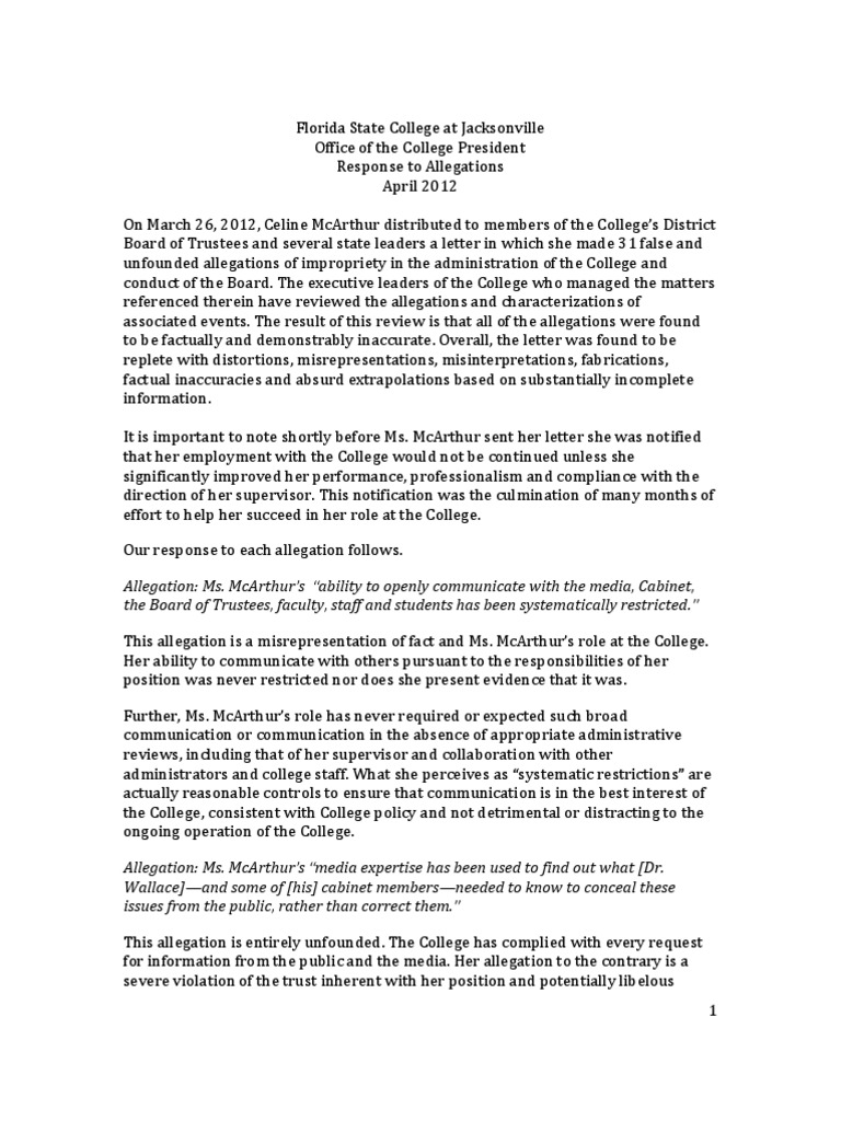 Letter From FSCJ in Response To Celine McArthur's Accusations | PDF ...