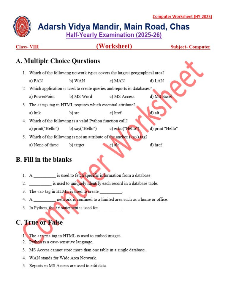 Comp. Worksheet (VIII) HY 2025 | PDF | Microsoft Access | Databases
