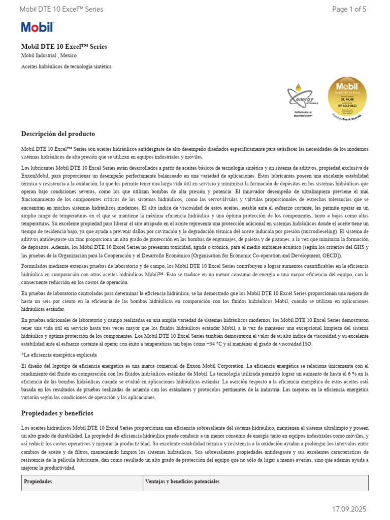 Aceites Hidráulicos Mobil DTE 10 Excel | PDF | Lubricante | Uso ...