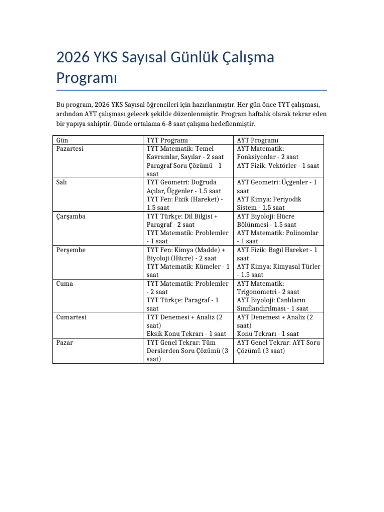 2026 YKS Sayisal Gunluk Program | PDF