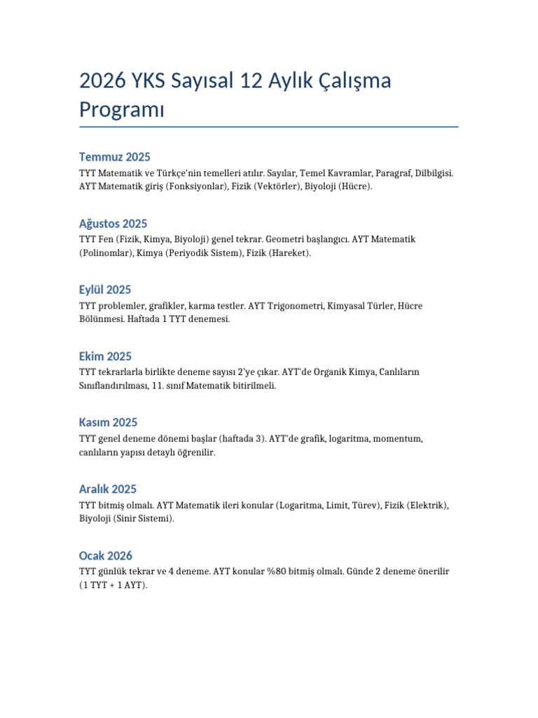 2026 YKS Sayisal 12 Aylik Program | PDF