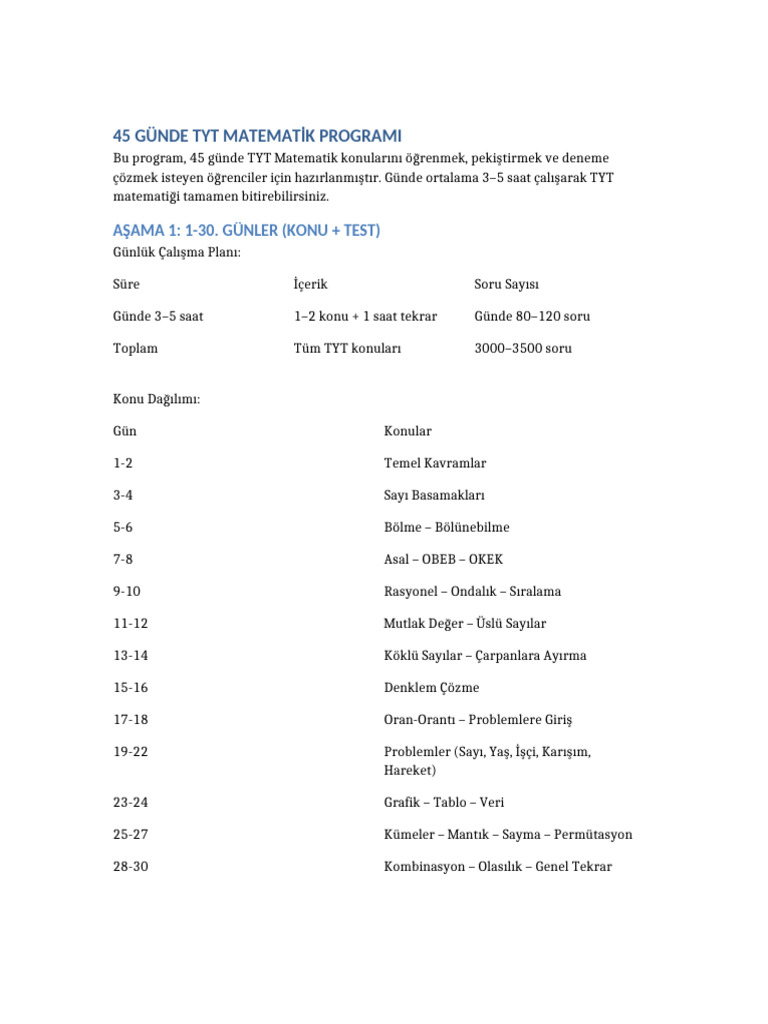 TYT Matematik 45 Gun Program | PDF
