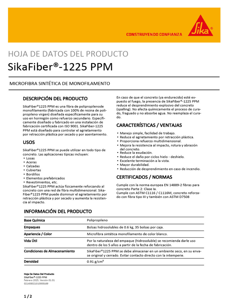 SikaFiber®-1225 PPM: Microfibra para Concreto | PDF | Hormigón | Materiales