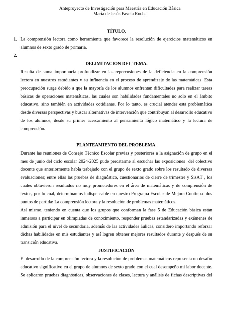 Borrador Anteproyecto Comprensión Lectora para Resolver Ejercicios Matemáticos | PDF ...