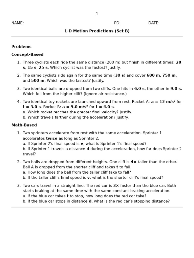1-D Motion Problems and Solutions | PDF | Acceleration | Speed