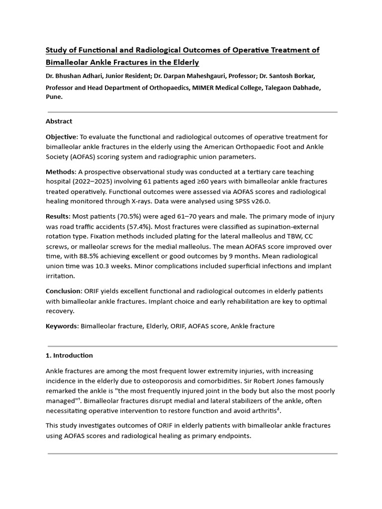 Bimalleolar Ankle Fractures in Elderly Outcomes | PDF | Ankle ...