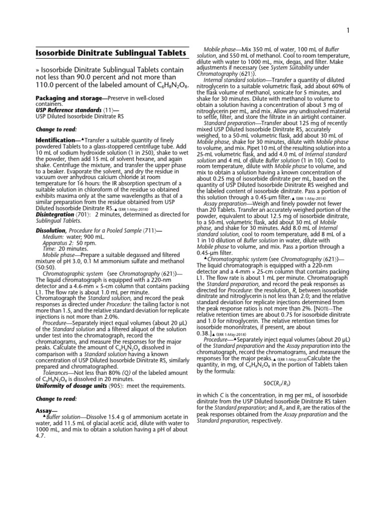 Isosorbide Dinitrate Sublingual Tablets Guide | PDF | Chromatography ...