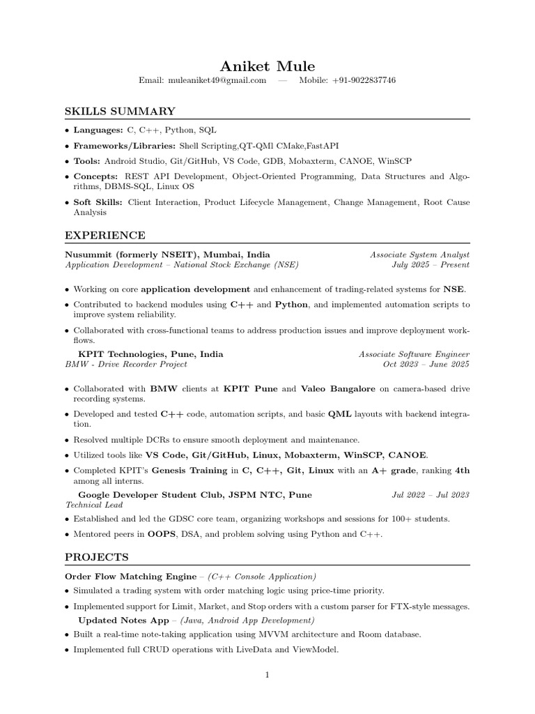 Aniket Mule: Software Engineer Profile | PDF | C++ | Software Development