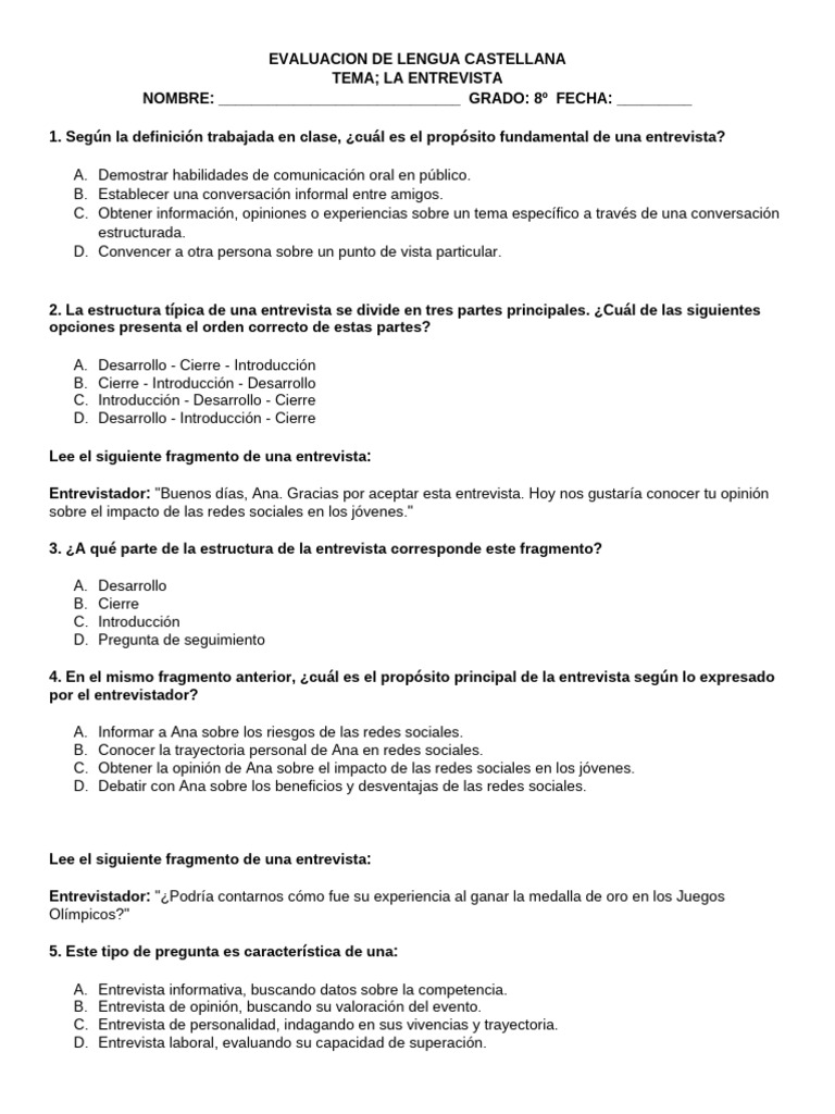 Evaluación sobre la Entrevista en Español | PDF | Comunicación humana