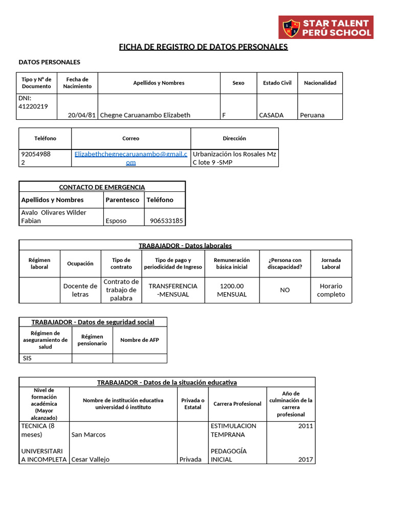 Ficha de Registro de Datos Personales | PDF