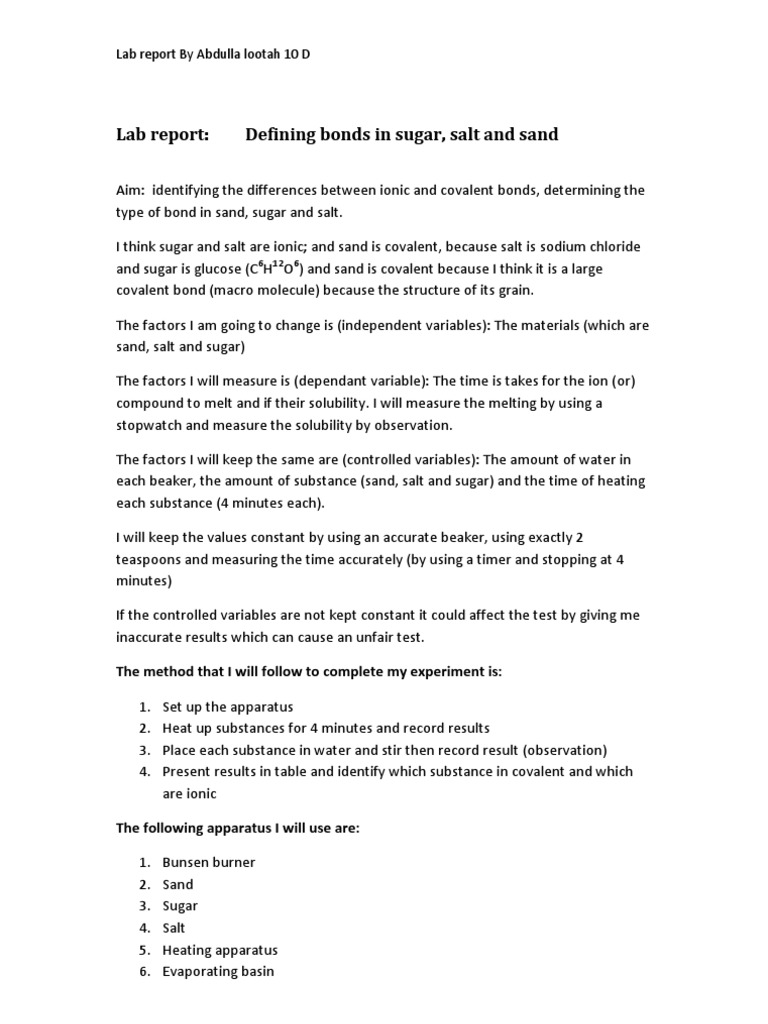 Lab Report: Defining Bonds in Sugar, Salt and Sand | Download Free PDF ...