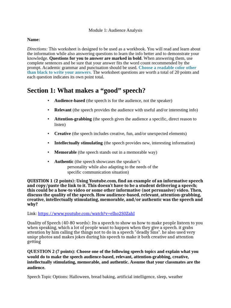 Module 1 Worksheet (Speech) | PDF | Question | Target Audience
