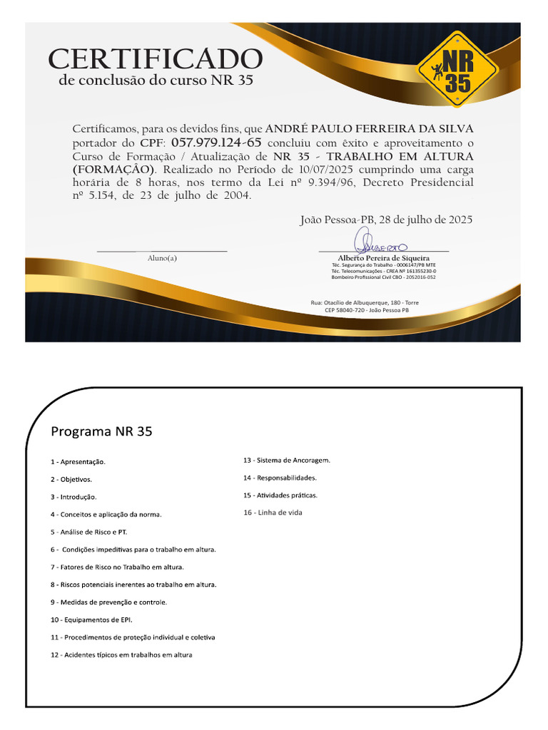 Certificado NR 35 André Paulo Ferreira Da Silva | PDF