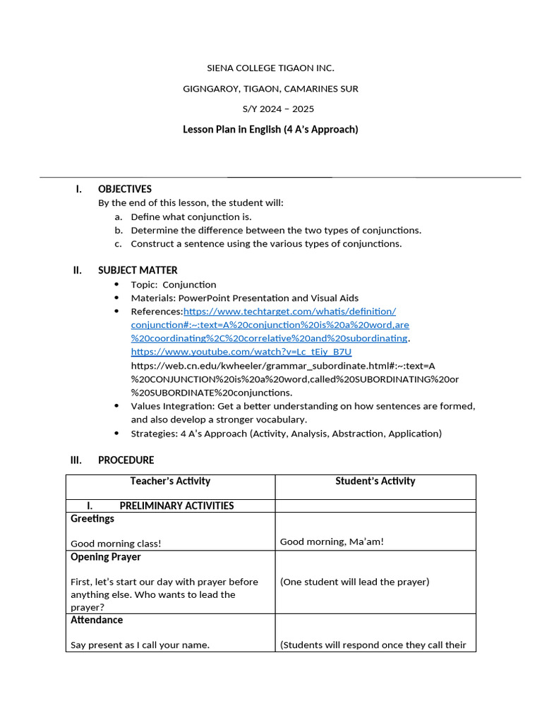Conjunction Lesson Plan | PDF | Grammar | Language Mechanics