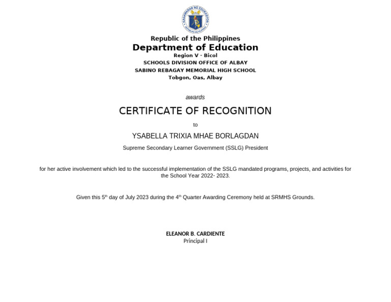 Certificate of Recognition for SSLG President | PDF