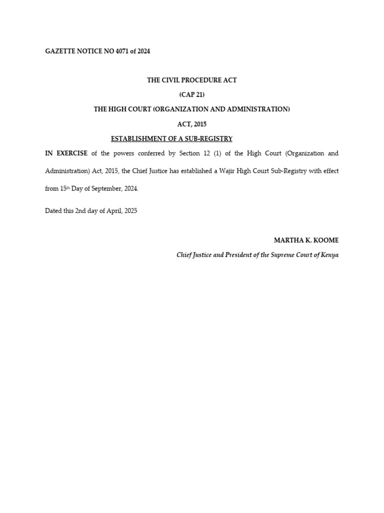 Gazette Notice For Wajir High Court Sub Registry 2nd April 2025 | PDF