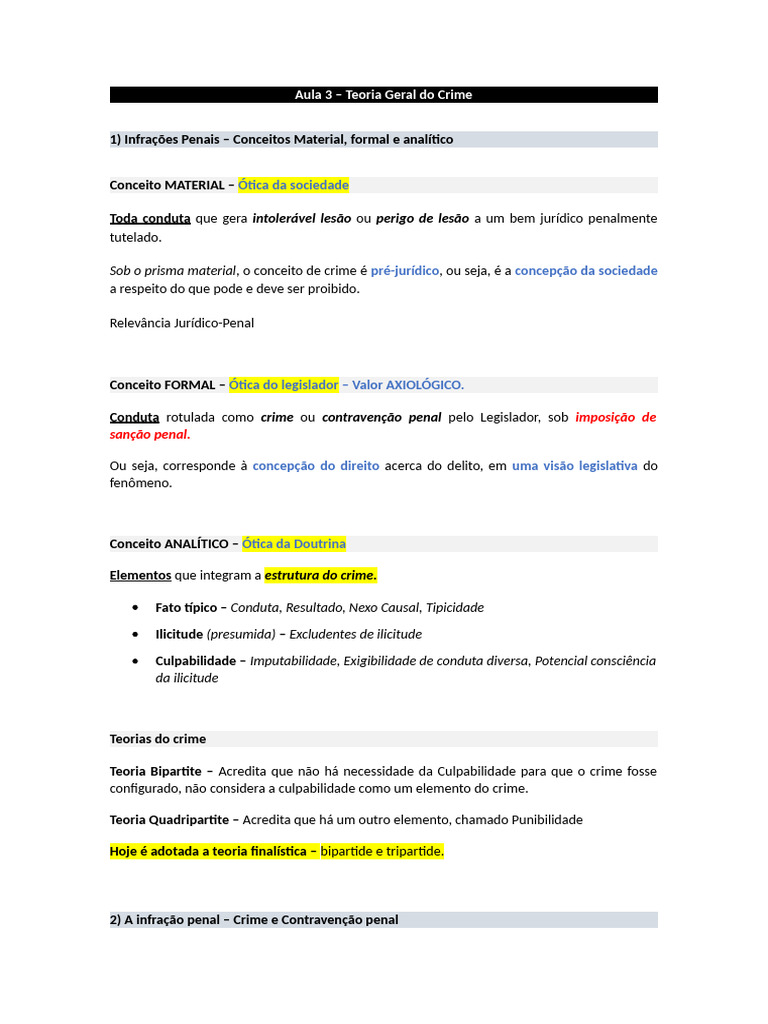Aula 3 - Teoria Geral Do Crime - Conceitos Material, Formal, Analítico ...