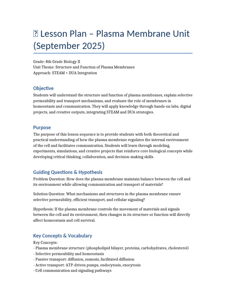 Plasma Membrane Lesson Plan | PDF | Cell Membrane | Cell Signaling
