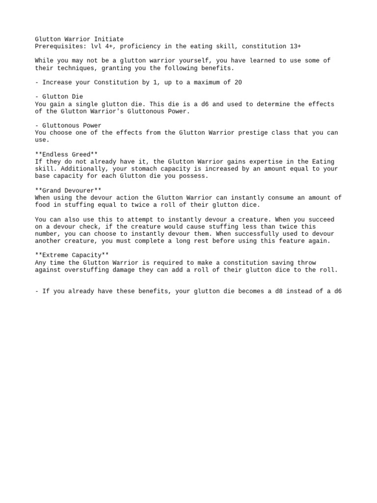 Glutton Warrior Initiate Class Guide | PDF