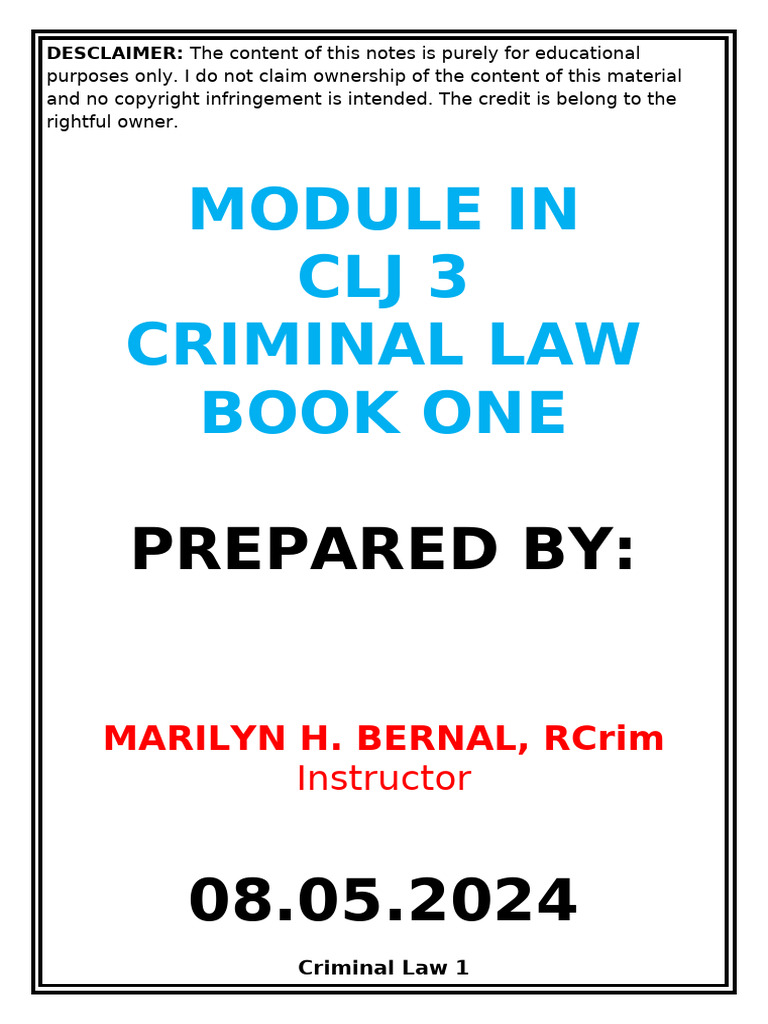 Module in CLJ 3 Book One 2024 | PDF | Criminal Law | Crimes
