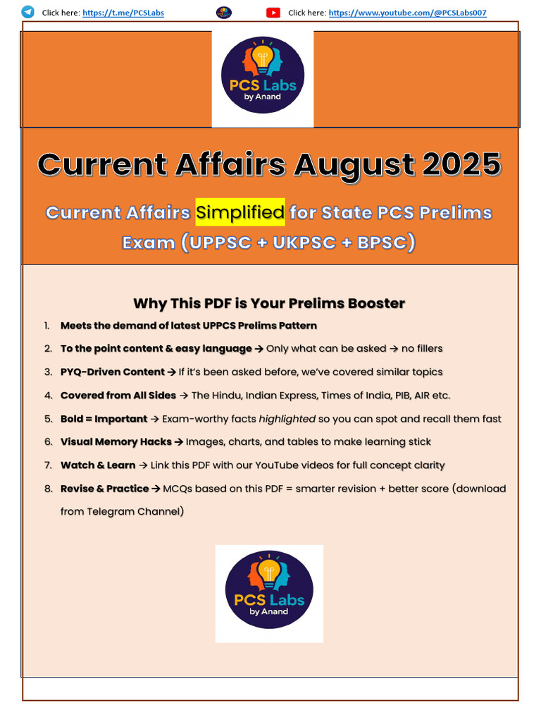 August 2025 Current Affairs For State PCS Exams by PCS Labs | PDF ...