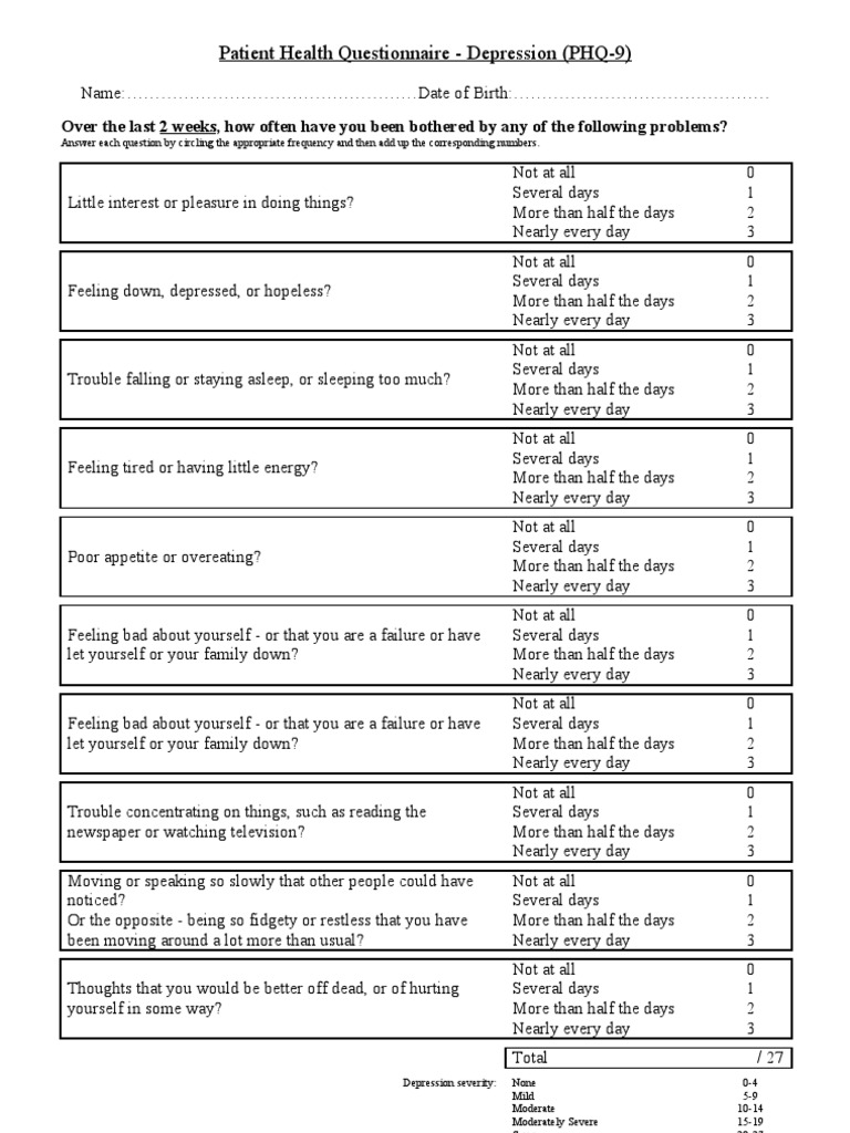 Patient Health Questionnaire 9 - Depression (PHQ-9) | PDF | Positive ...
