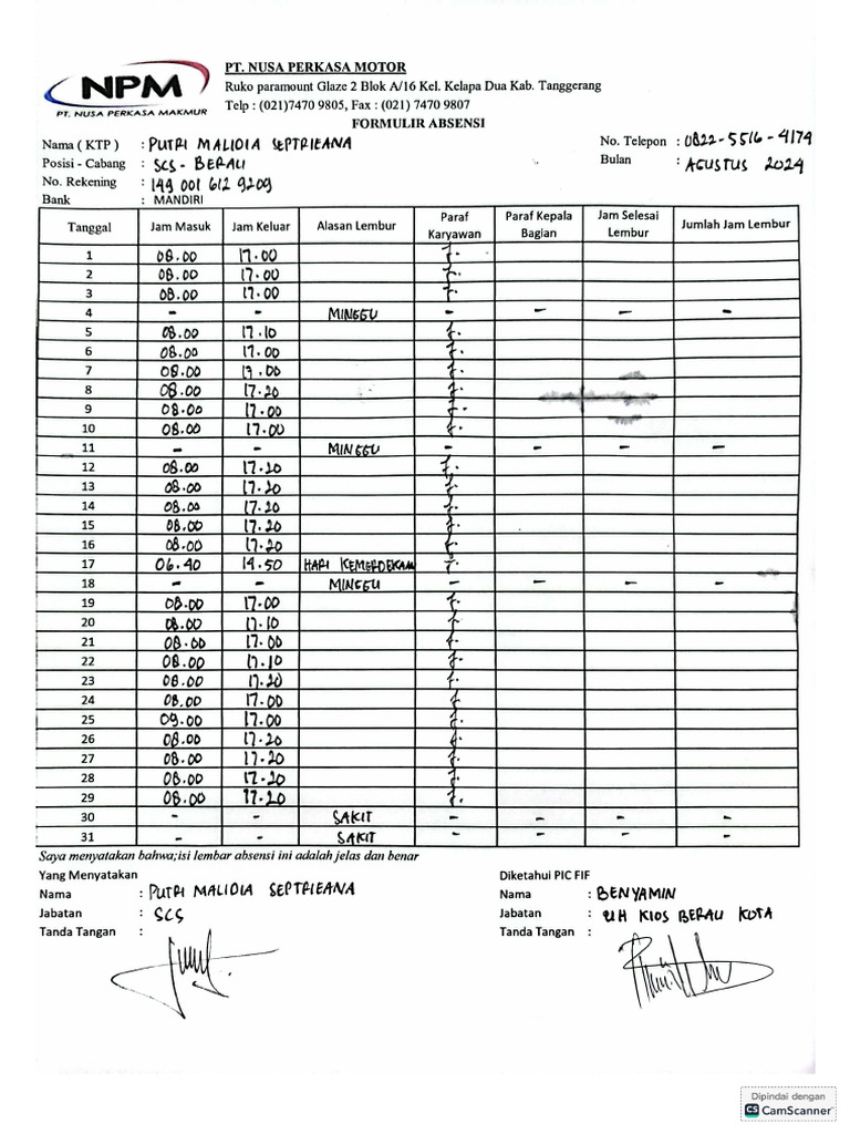 Putri Malidia Septrieana Absen Agustus | PDF