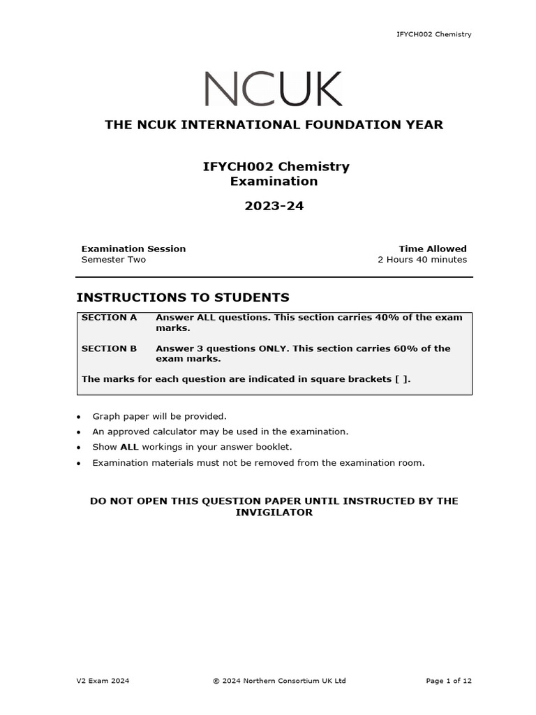 IFY Chemistry Exam 2324 V2 | PDF | Chemical Reactions | Carbon Monoxide