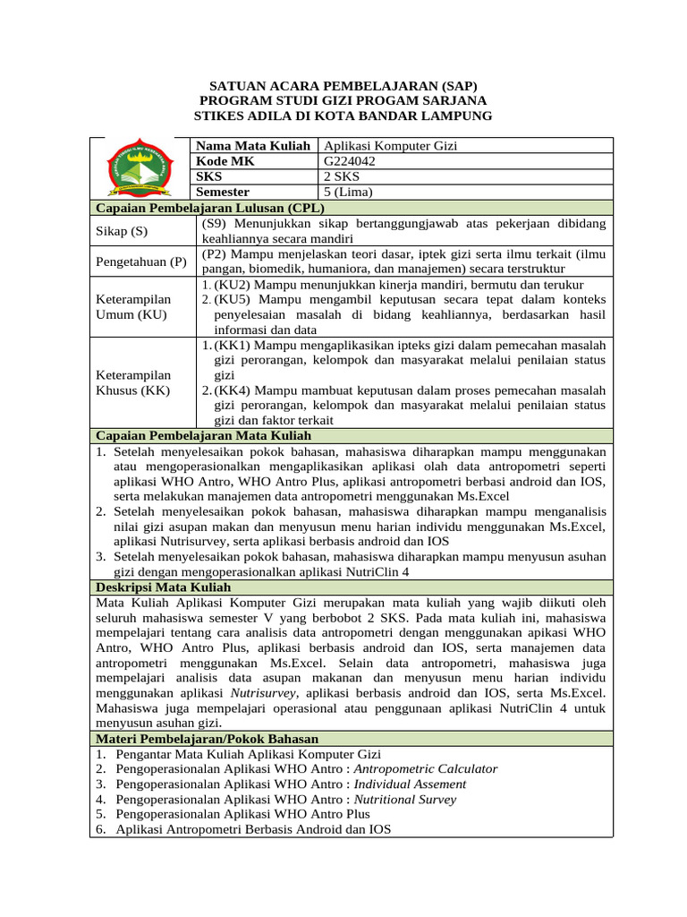 SAP & RPS (Sem.5) - Aplikasi Komputer Gizi 2025-2026 | PDF