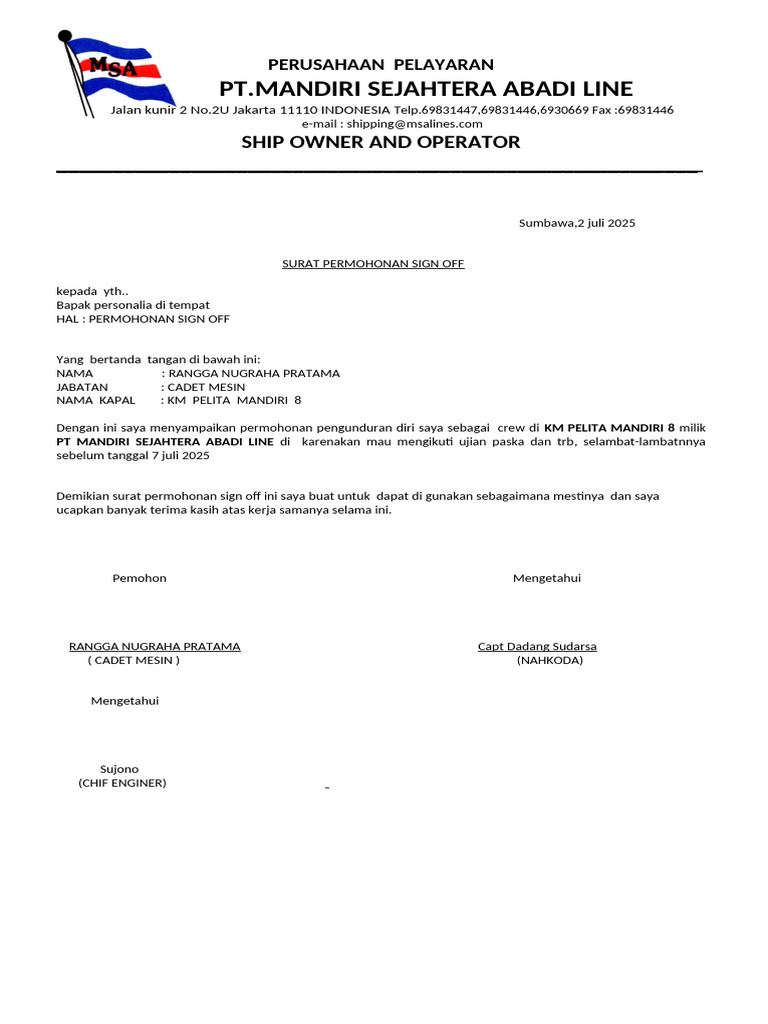 Surat Permohonan Sign Off Crew Kapal | PDF
