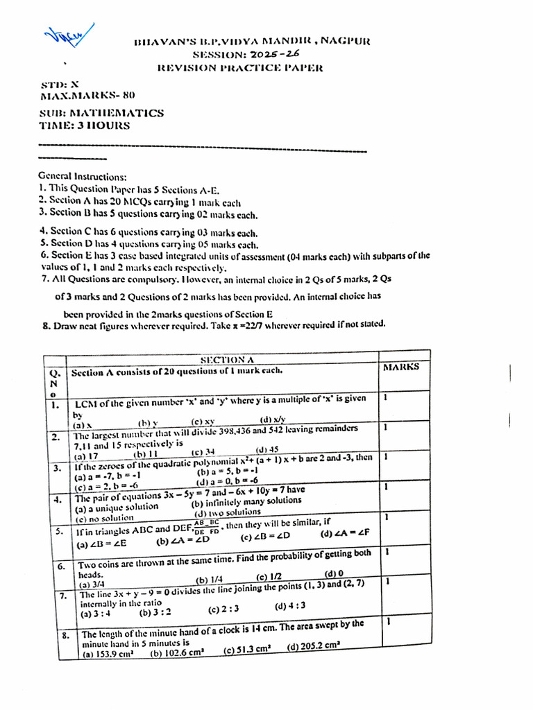 Class 10 Mathematics Revision Paper | PDF | Equations | Algebra