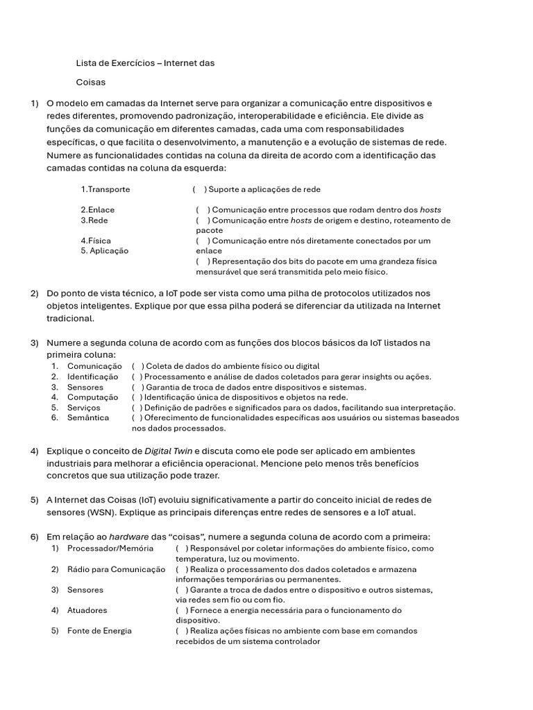 Lista1 IoT | PDF | Internet das Coisas | Rede de computadores