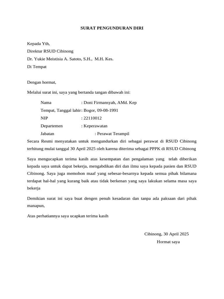 Surat Pengunduran Diri Doni | PDF