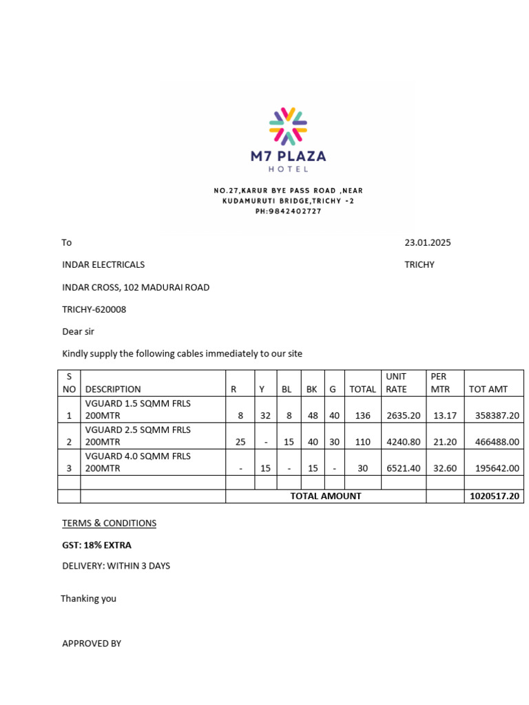 Cable Supply Order for Indar Electricals | PDF