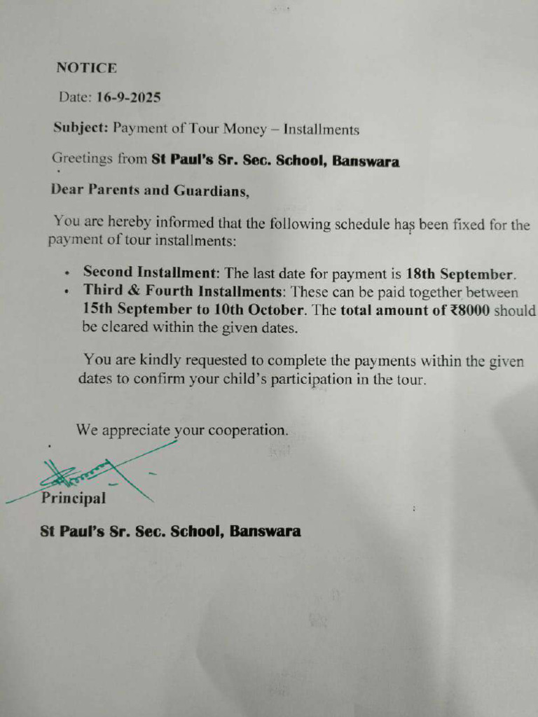 Notice - Tour Payment | PDF