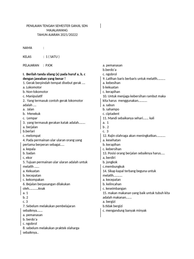 Soal Pts Kelas 1 | PDF